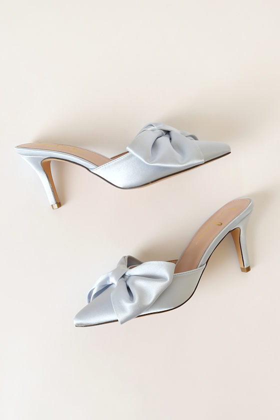 Blue Satin Mules - Pointed-Toe Heeled Mules - Bow Mule Pumps - Lulus