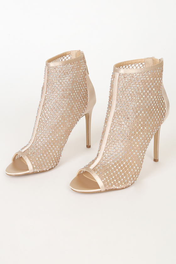 JBM Fiorella - Champagne Mesh Booties - Rhinestone Peep-Toe Boots - Lulus