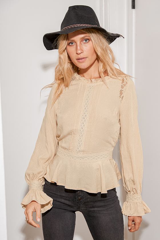 Ruffled Beige Top - Crochet Lace Top - Long Sleeve Top - Lulus