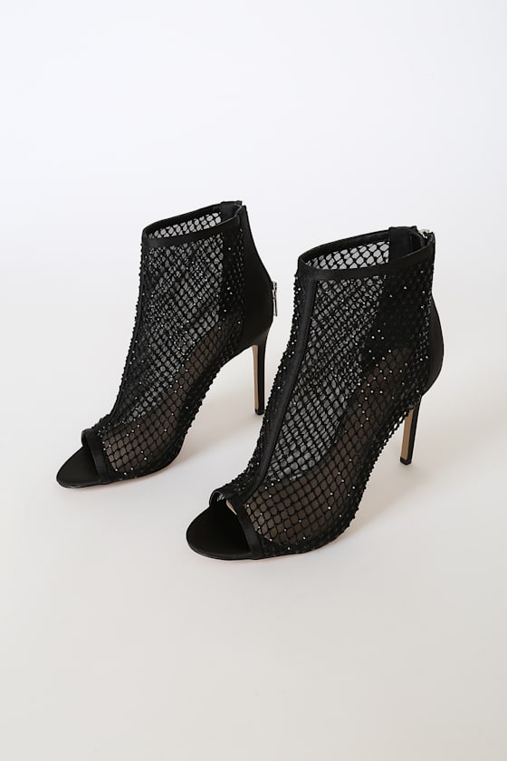 JBM Fiorella - Black Mesh Booties - Rhinestone Peep-Toe Boots - Lulus