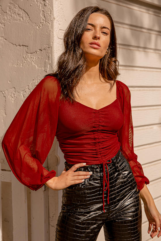 Burgundy Mesh Top - Drawstring Ruched Top - Long Sleeve Crop Top - Lulus