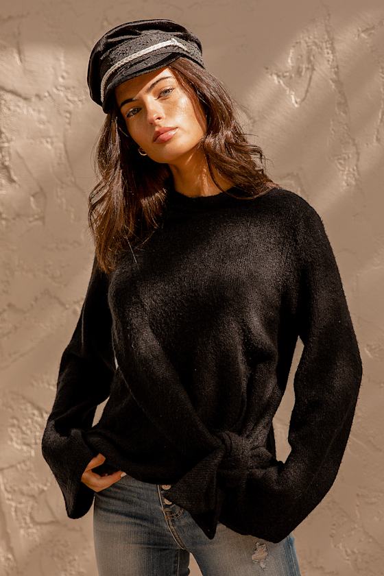 Black Sweater - Tie-Front Sweater Top - Bell Sleeve Sweater Top - Lulus