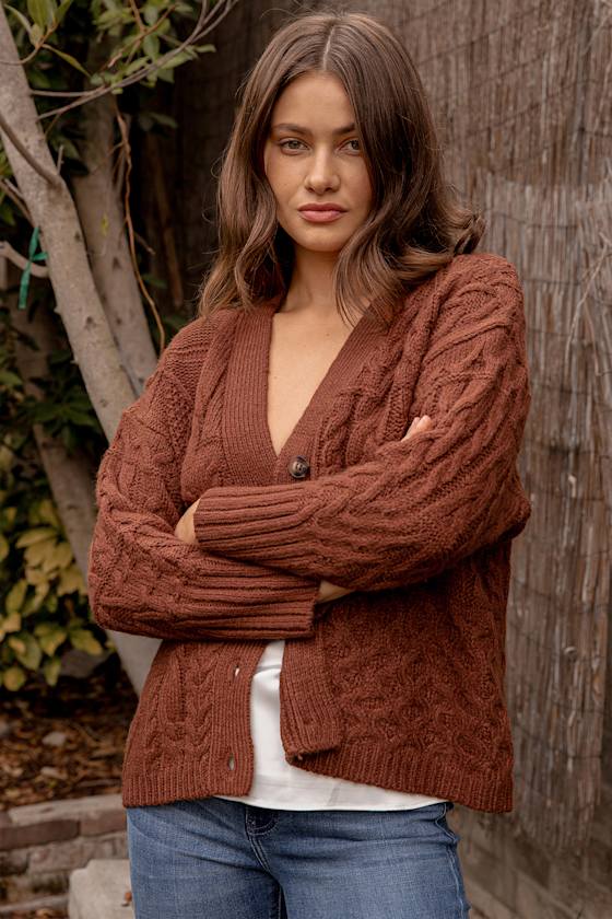 Brown Knit Sweater - Cable Knit Cardigan - Oversized Cardigan - Lulus