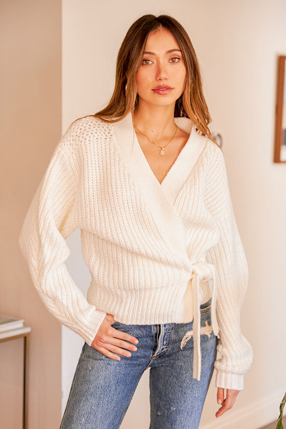 White Sweater - Knit Sweater - Wrap Sweater - Chunky Knit Sweater - Lulus