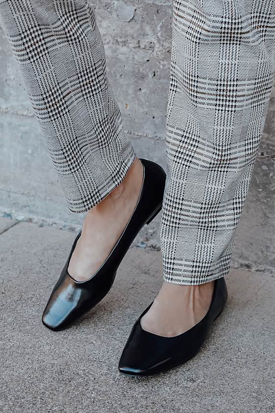 Black Flats - Square Toe Flats - Faux Leather Flats - Lulus