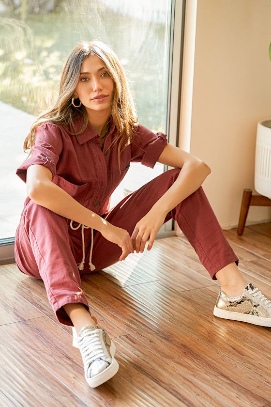 Brick Red Jumpsuit - Button-Front Jumpsuit - Utility Jumpsuit - Lulus