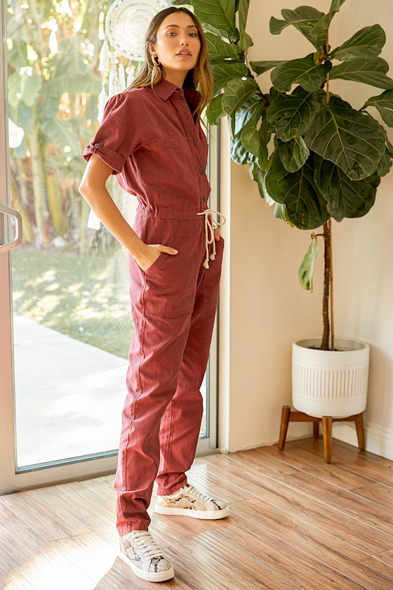 Brick Red Jumpsuit - Button-Front Jumpsuit - Utility Jumpsuit - Lulus