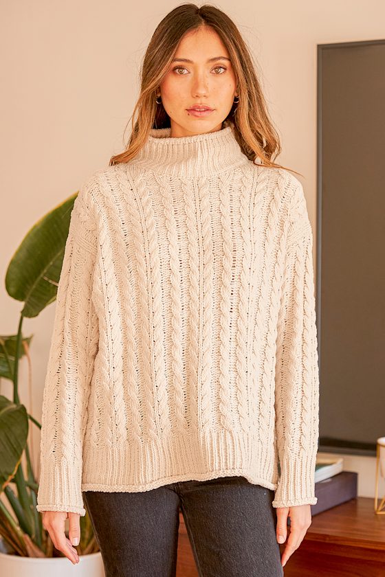 Cable Knit Sweater - Beige Chenille Sweater - Turtleneck Sweater - Lulus