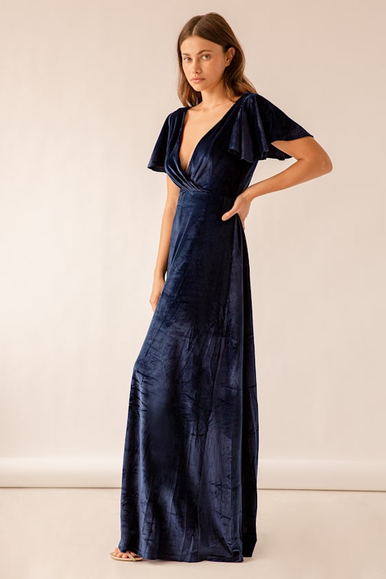 Navy Blue Maxi Dress Velvet Maxi Dress Flutter Sleeve Dress Lulus
