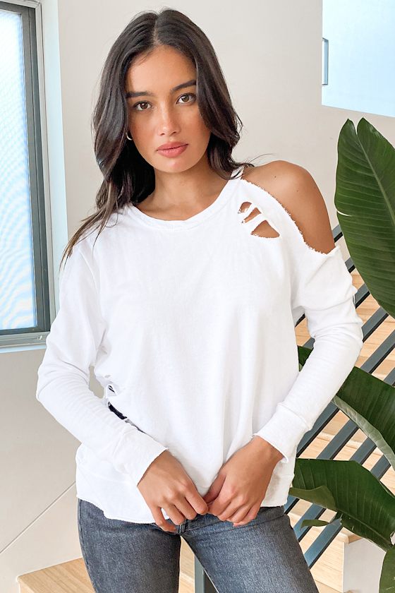 White Pullover Sweatshirt - Cutout Sweatshirt - Distressed Top - Lulus