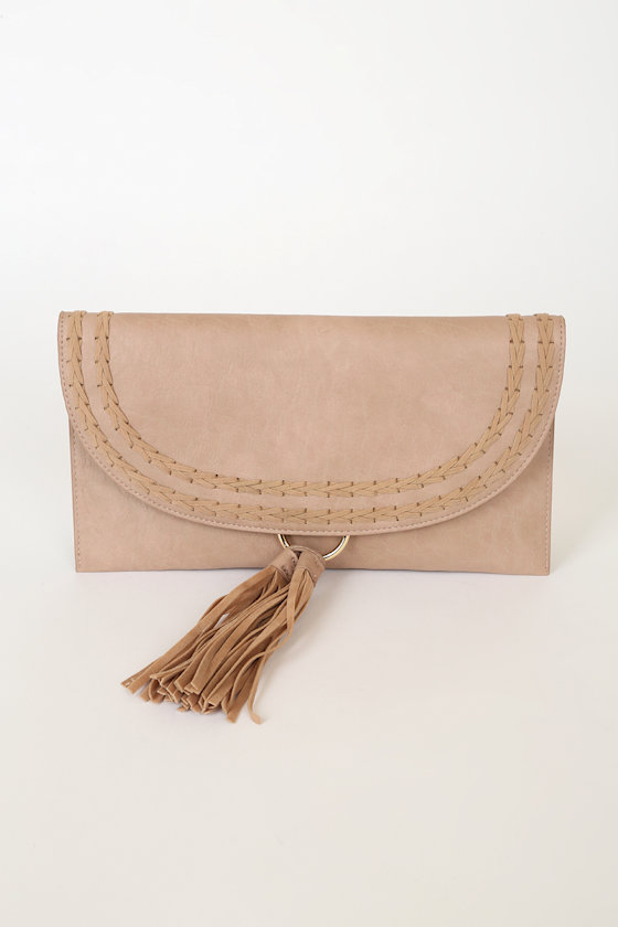 Cute Taupe Clutch Tassel Clutch Whip Stitch Clutch Lulus