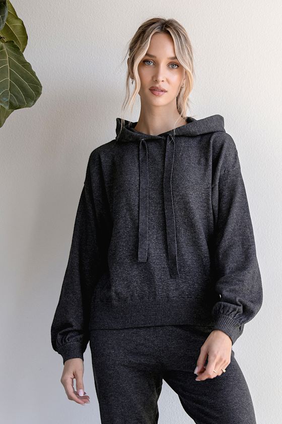 Charcoal Grey Hoodie - Knit Hoodie - Balloon Sleeve Hoodie - Lulus