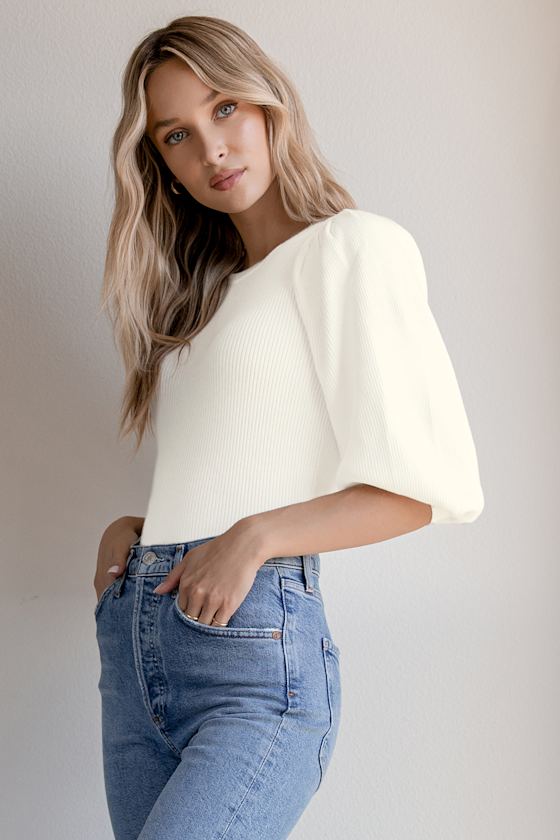 RD Style - White Ribbed Sweater - Balloon Sleeve Sweater Top - Lulus