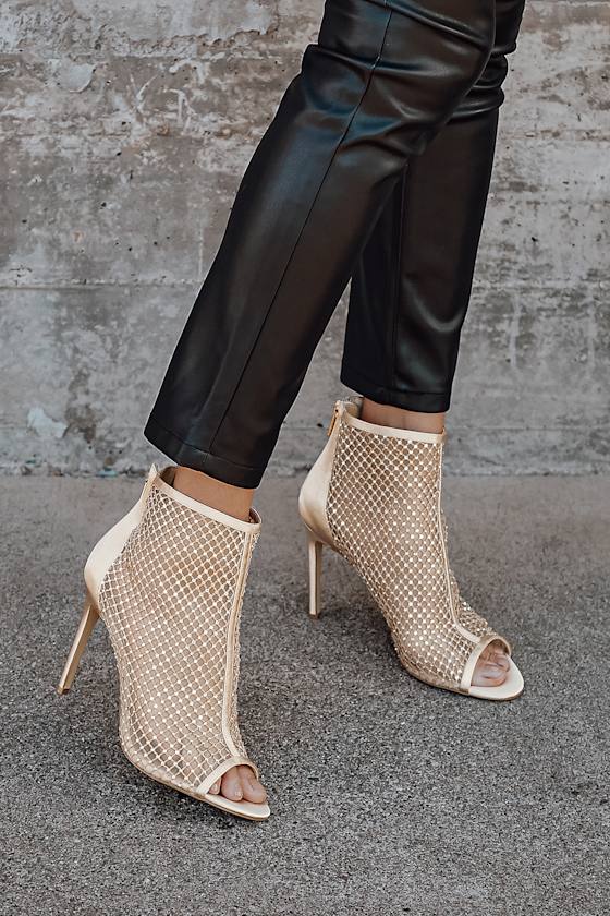JBM Fiorella - Champagne Mesh Booties - Rhinestone Peep-Toe Boots - Lulus