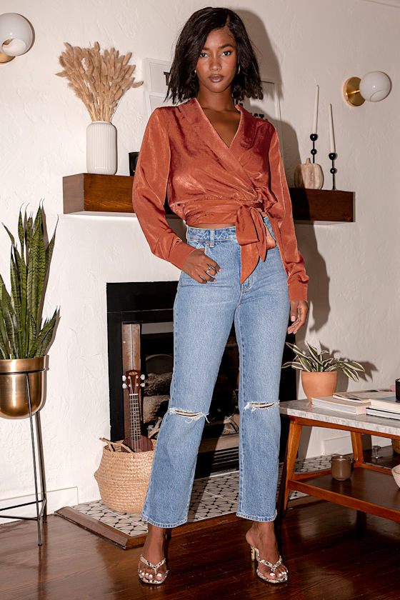 Chic Brick Red Top - Satin Top - Long Sleeve Wrap Top - Lulus