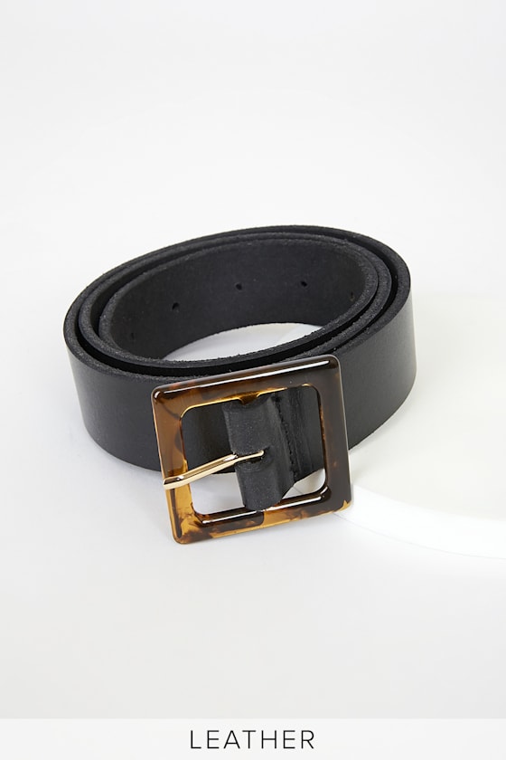 Black Leather Belt - Resin Buckle Belt - Tortoise Buckle Belt - Lulus