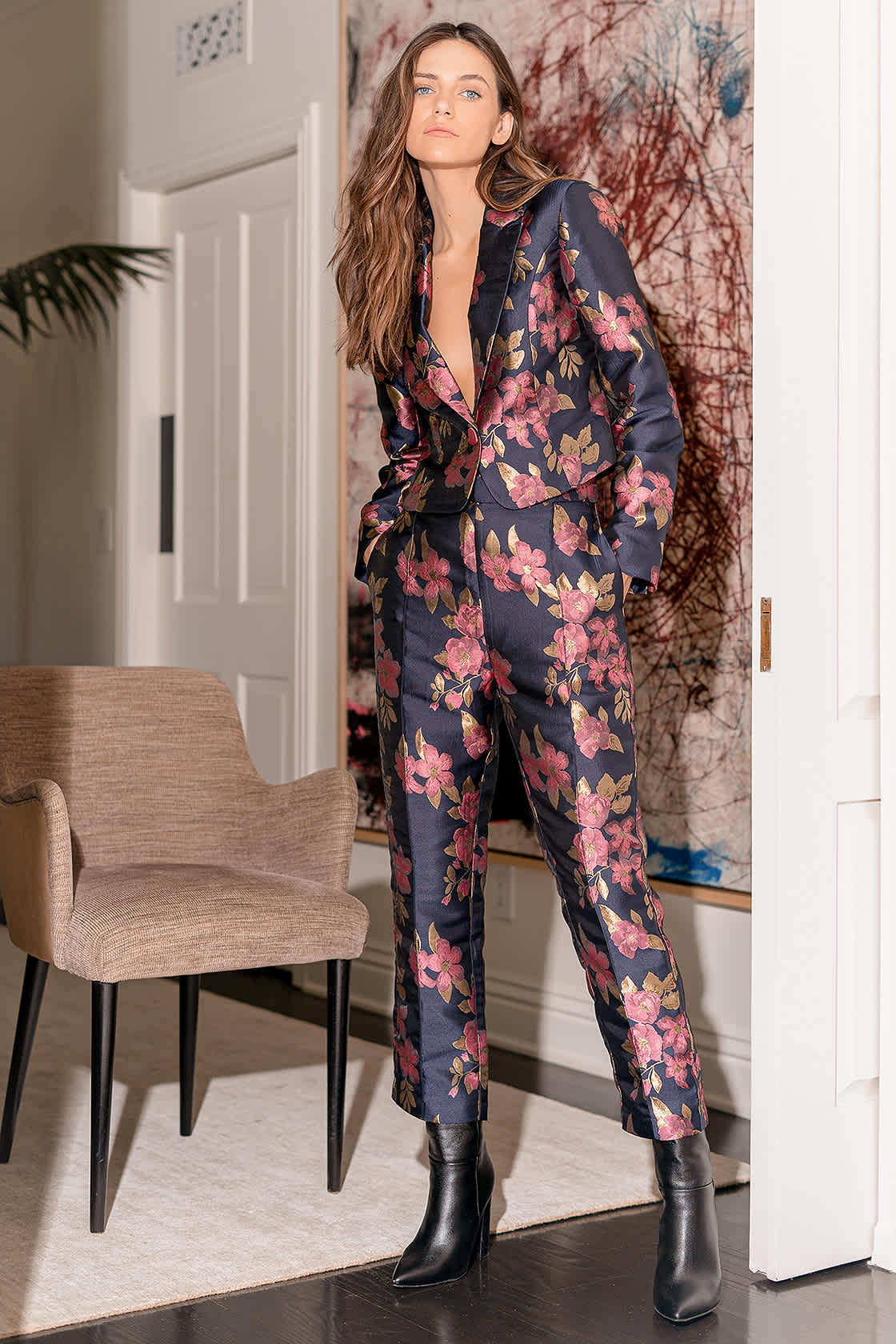 Navy Blue Floral Pants - Jacquard Pants - Floral Satin Pants - Lulus