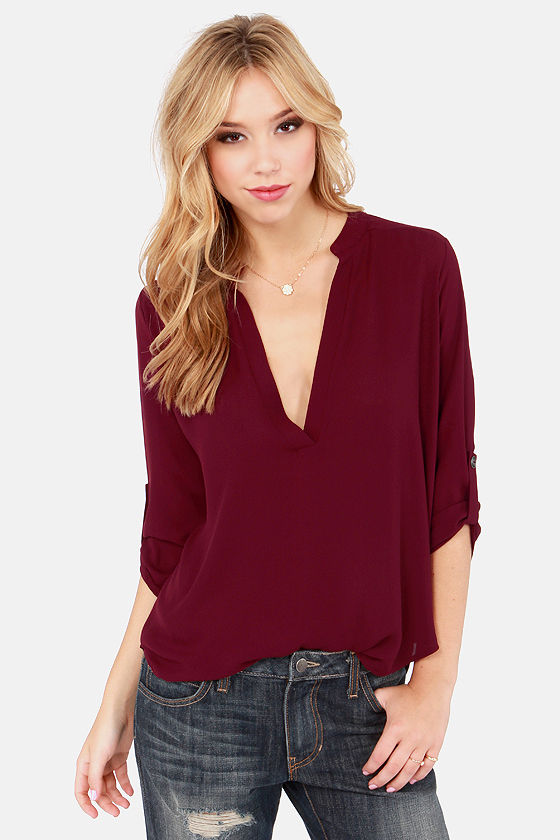 Cute Wine Red Top - Short Sleeve Top - V Neck Top - $37.00 - Lulus