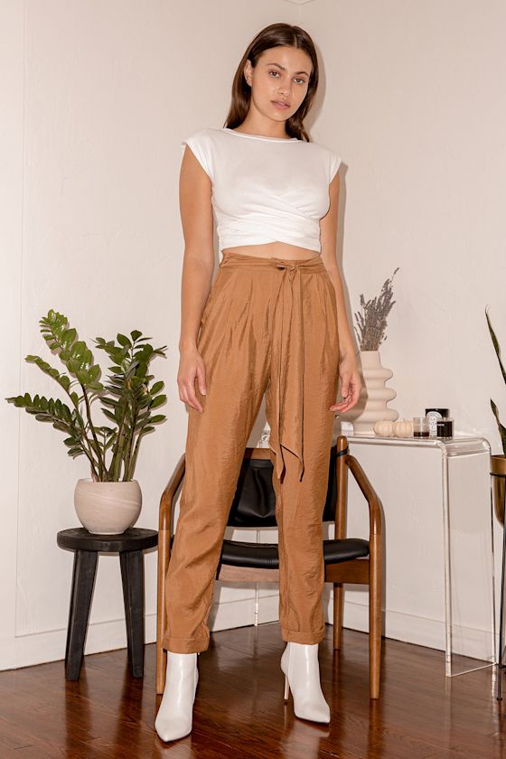 Tan Trouser Pants - Chic Tie-Front Pants - Tapered Leg Pants - Lulus