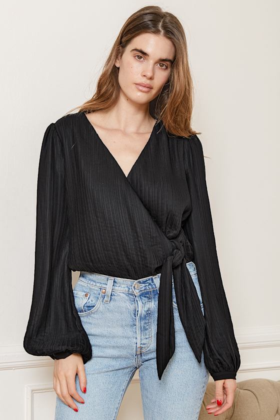 Black Bodysuit - Long Sleeve Bodysuit - Faux Wrap Bodysuit - Lulus