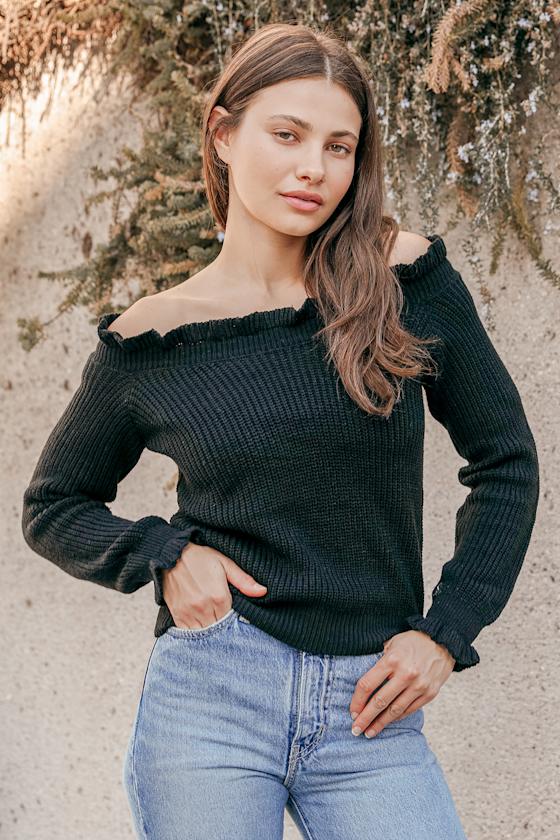 Black Off-the-Shoulder Sweater - Knit Sweater - Ruffled Sweater - Lulus