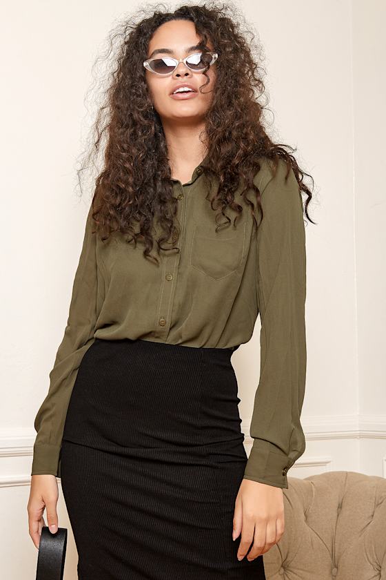 Olive Green Top - Button-Up Top - Long Sleeve Collared Top - Lulus