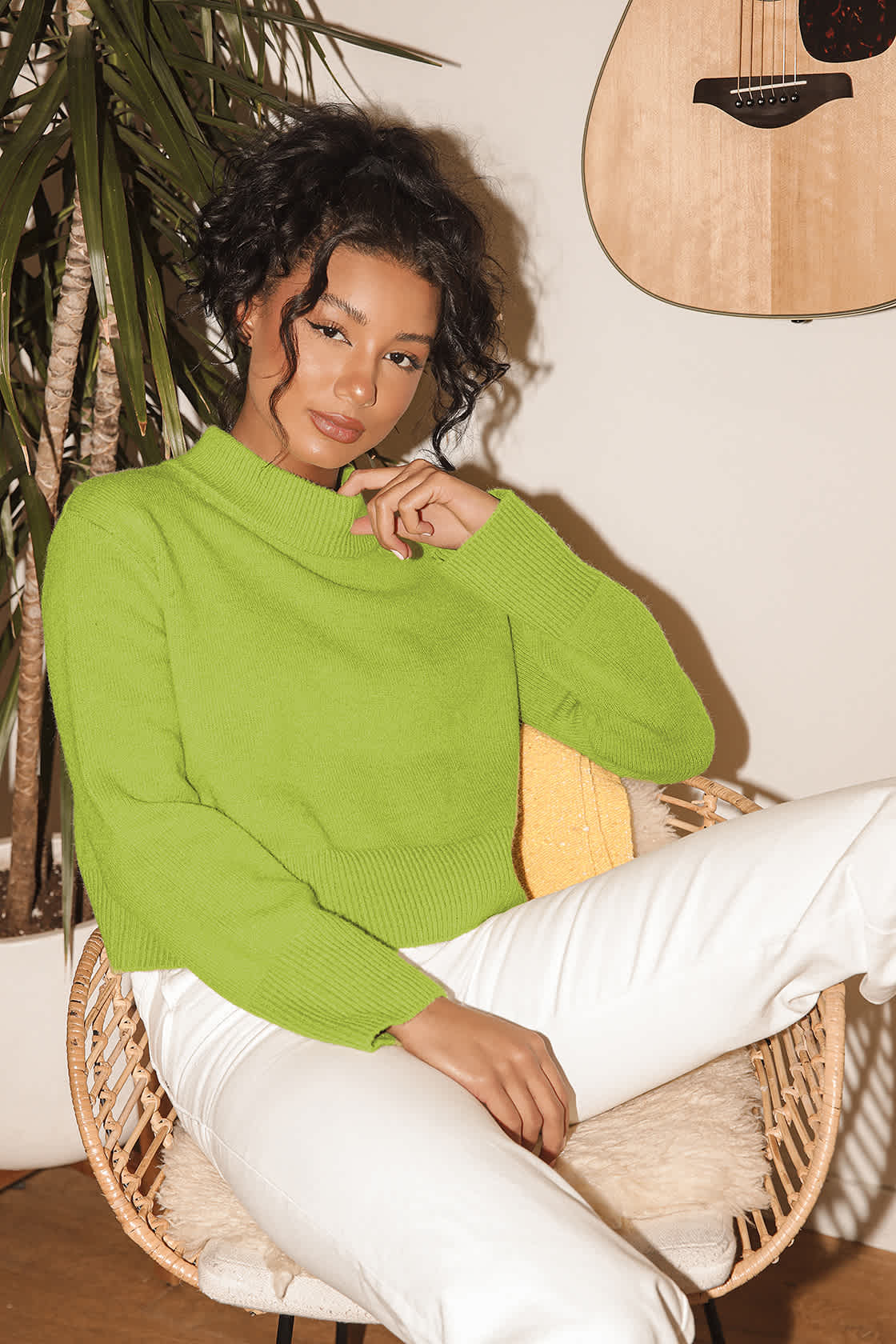 Chartreuse Sweater - Mock Neck Sweater - Pullover Sweater - Lulus