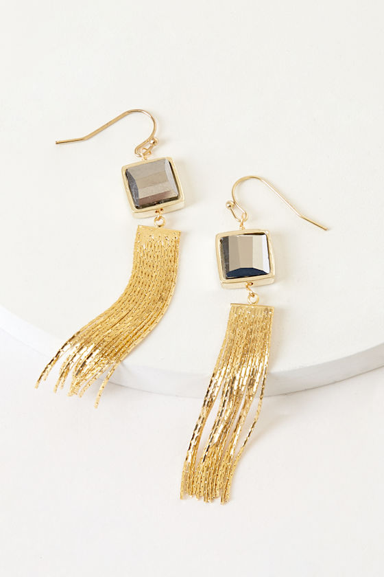 Grey and Gold Fringe Earrings - Statement Earrings - Lulus