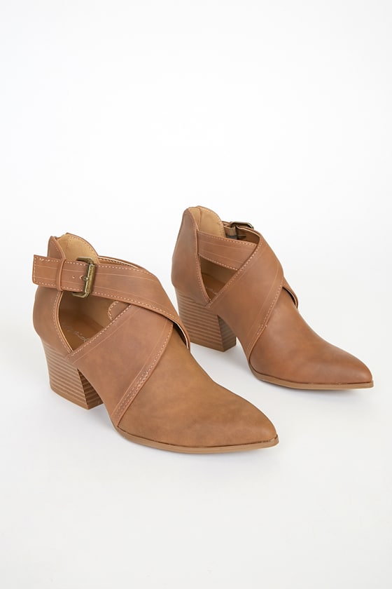 Cognac Ankle Booties - Cutout Ankle Boots - Pointed-Toe Booties - Lulus