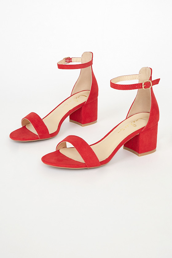 Red Suede Sandals - Low Block Ankle Heels - Block Heel Sandals - Lulus