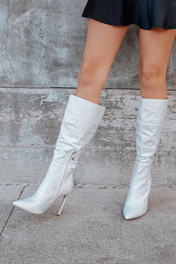 Silver Rhinestone Boots - Shiny Stiletto Boots - Knee-High Boots - Lulus