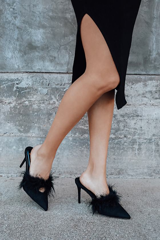 Black Suede Mules - Feather Mule Heels - Pointed-Toe Mule Pumps - Lulus