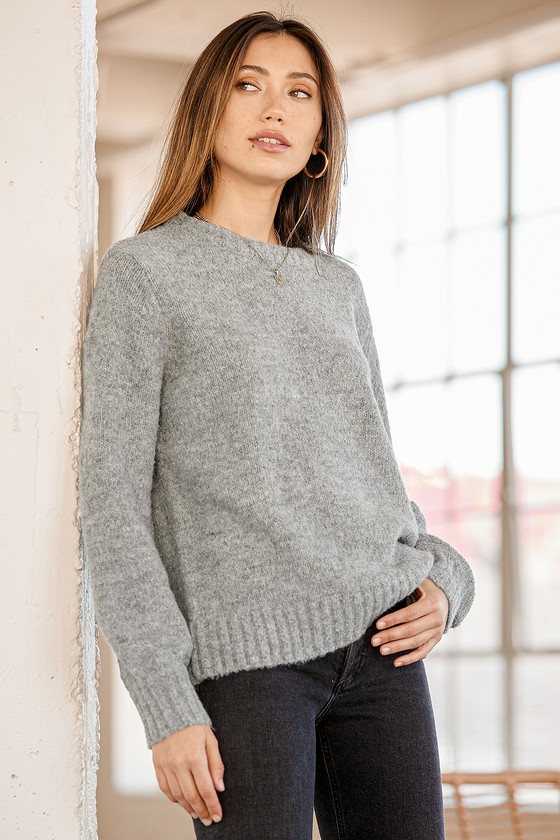 Grey Knit Sweater Pullover Sweater Balloon Sleeve Sweater Lulus