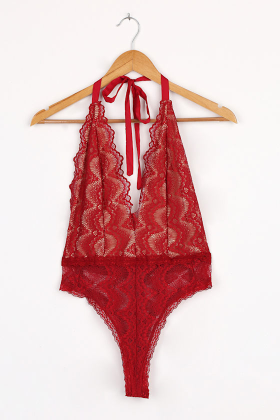 Red Lace Bodysuit - Red Lace Teddy - Halter Lace Bodysuit - Lulus
