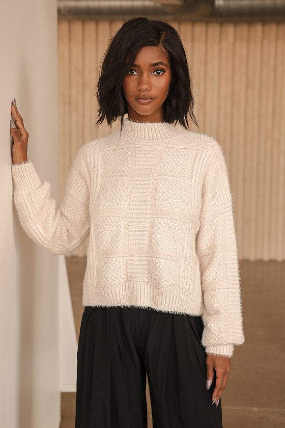Cream Chenille Sweater - Fuzzy Knit Sweater - Mock Neck Sweater - Lulus