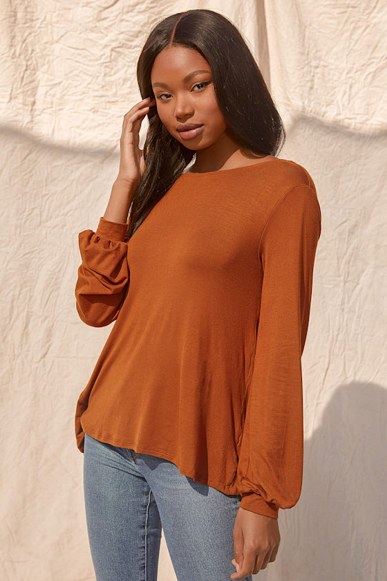 Rust Brown Top - Twist-Back Top - Long Sleeve Top - Lulus