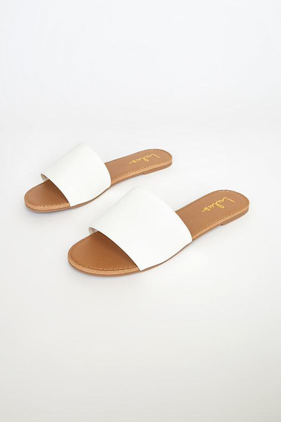 White Slide Sandals - White Sandals - Faux Leather Sandals - Lulus