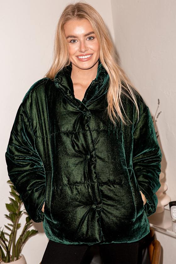 Emerald Green Jacket - Velvet Jacket - Quilted Puffer Jacket - Lulus