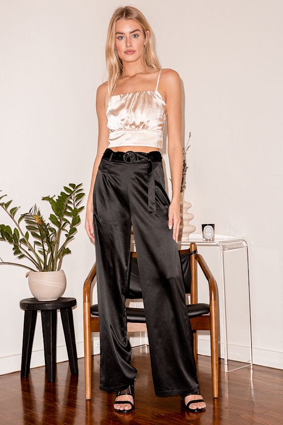 Black Pants Belted Satin Pants Wide Leg Pants Lulus