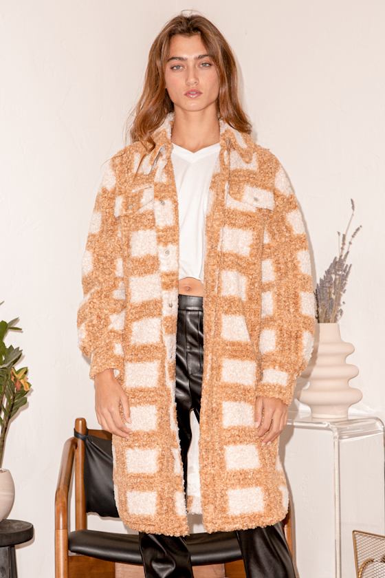 Plaid Teddy Jacket - Shearling Jacket - Tan and White Jacket - Lulus