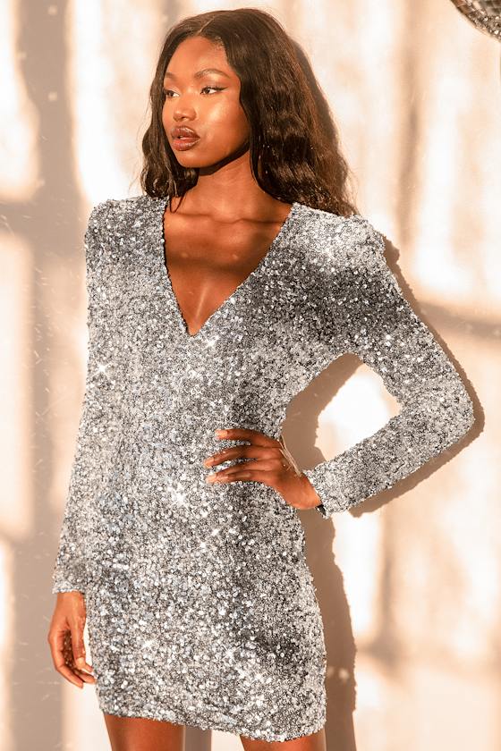 Silver Mini Dress - Sequin Mini Dress - Puff Shoulder Dress - Lulus