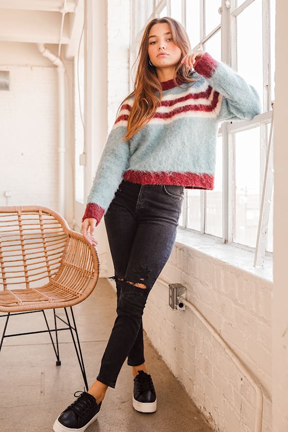 Light Blue Sweater - Fuzzy Knit Sweater - Multi Striped Sweater - Lulus