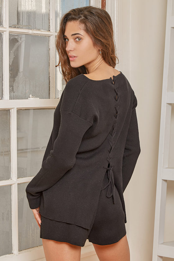 Black Ribbed Sweater - Sweater Top - Lace-Up Back Sweater - Lulus