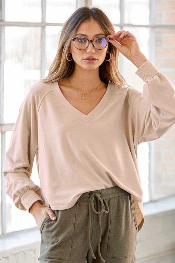 Beige Sweatshirt - Pullover Sweatshirt - V-Neckline Sweatshirt - Lulus