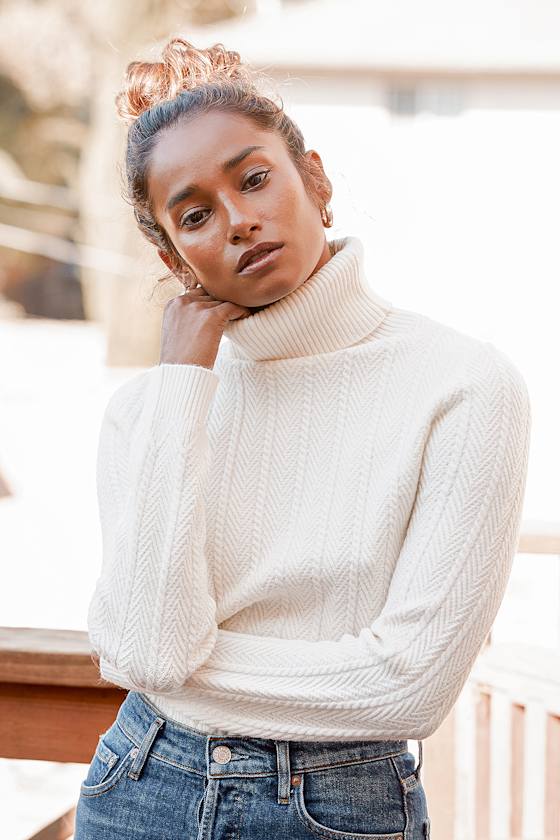 Cozy White Sweater - Herringbone Sweater - Turtleneck Sweater - Lulus