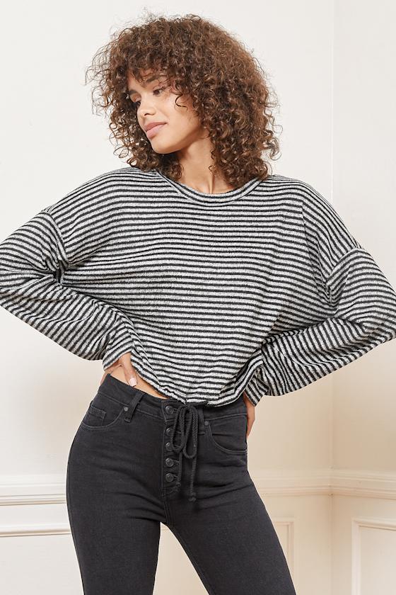Grey Striped Top - Drawstring Top - Long Sleeve Striped Top - Lulus