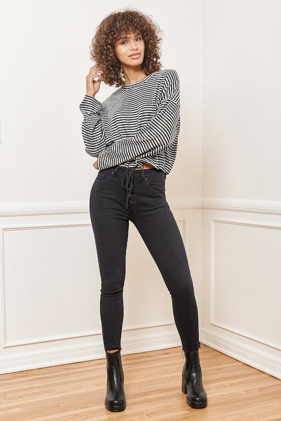 Grey Striped Top - Drawstring Top - Long Sleeve Striped Top - Lulus