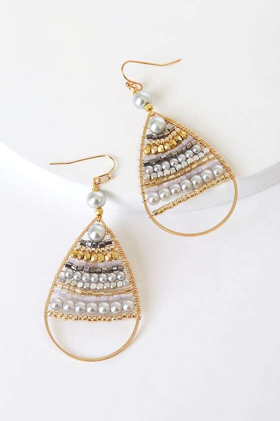 Grey Multi Earrings Teardrop Earrings Beaded Earrings Lulus