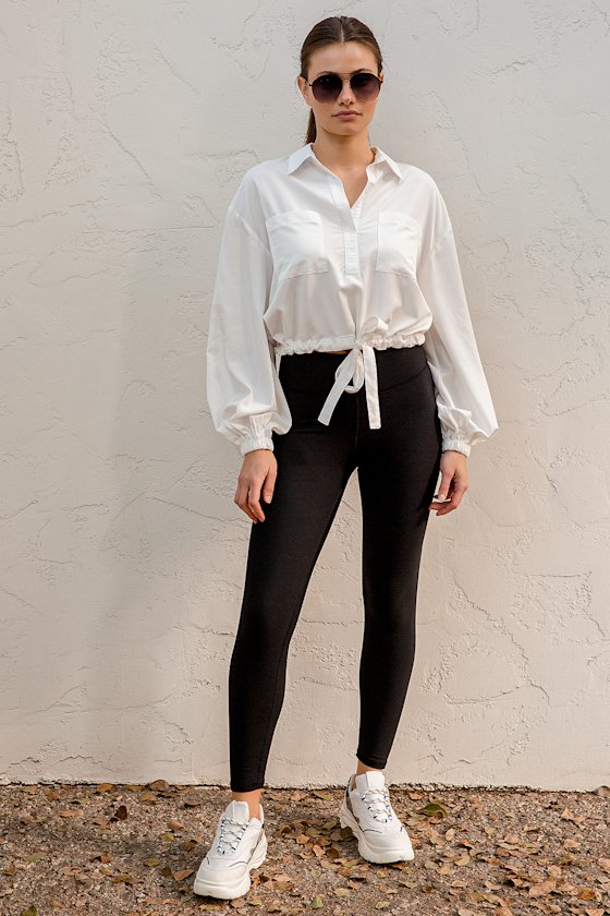 White Crop Top - Drawstring Top - White Long Sleeve Top - Lulus