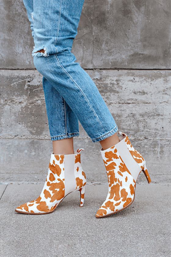 42 Gold Kensington Cognac Multi - Brown Cow Print Boots - Booties - Lulus